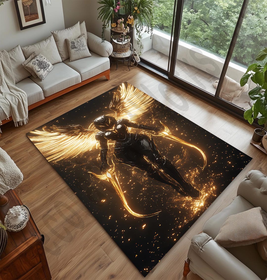Golden Angel Warrior Rug , Fantasy Art Carpet, Living Room Rugs, Unique ...