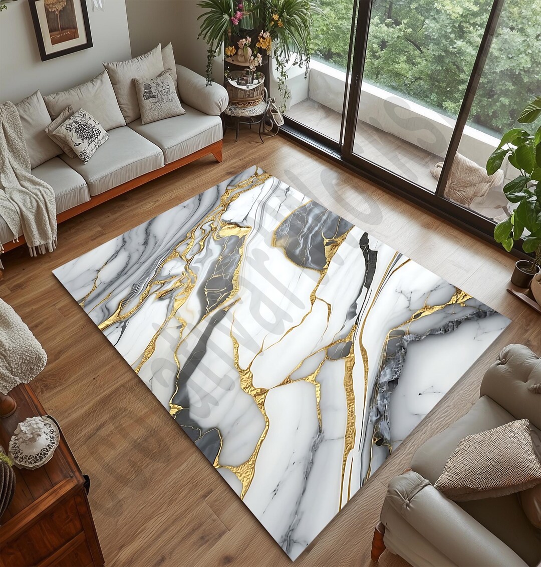 Luxury Marble Rug, White and Black Marble Rug, Gold Vein Rug, Decor ...