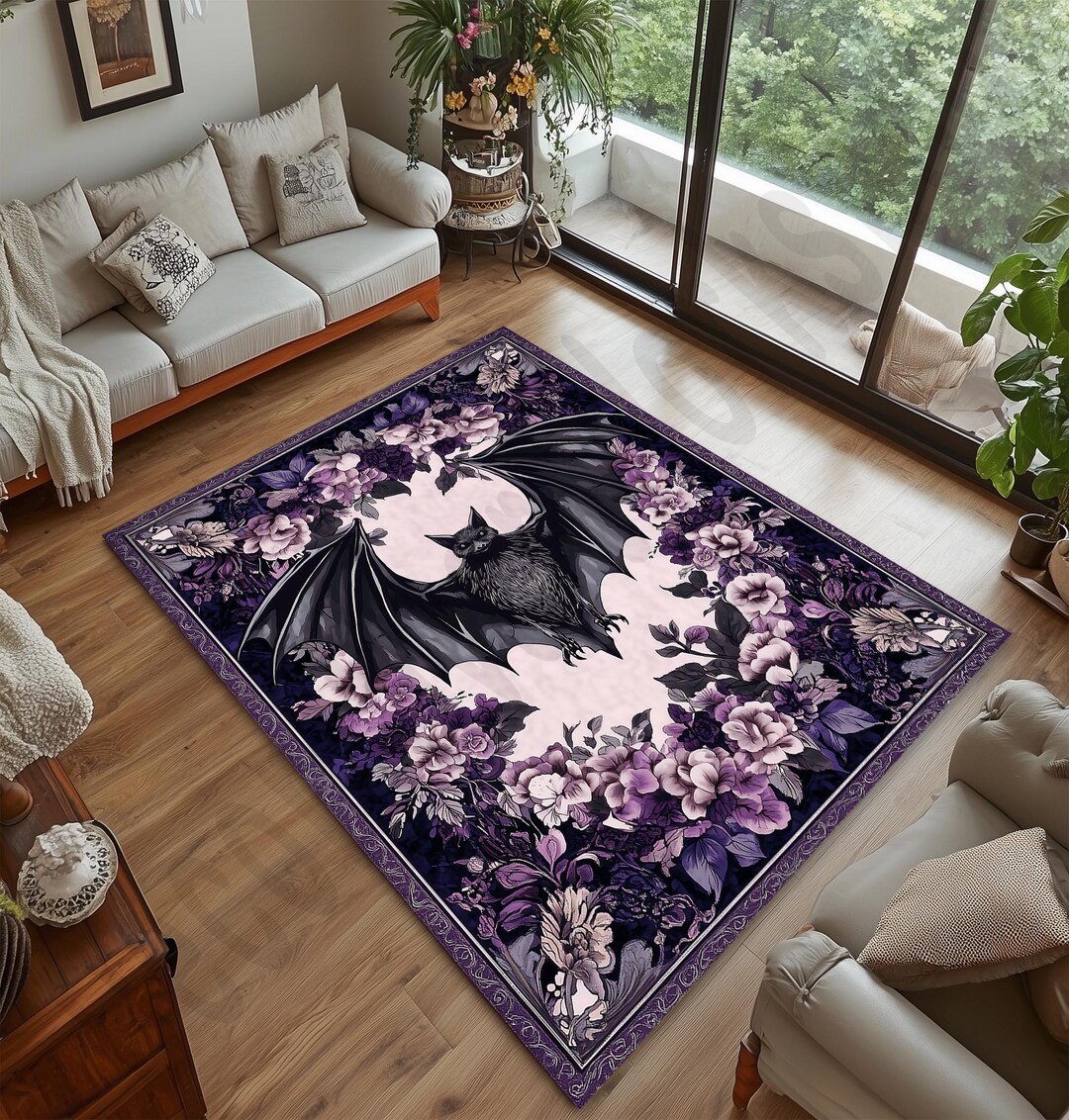 Gothic Bat Rug, Purple Gothic Rug, Washable Goth Rug, Floral Rug ...