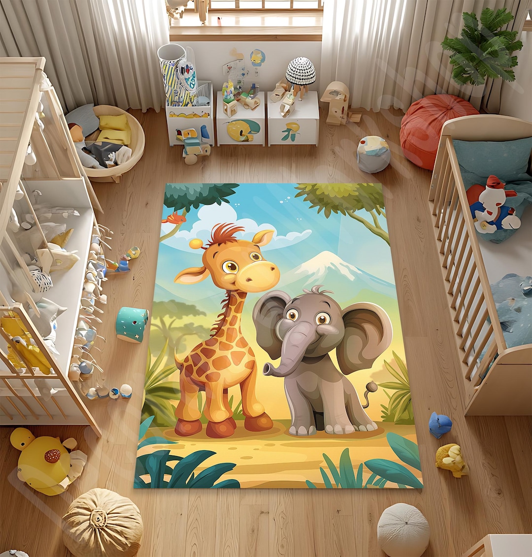 Kids Room Rug With Adorable Safari Animals, Giraffe Nursery Rug, Baby ...