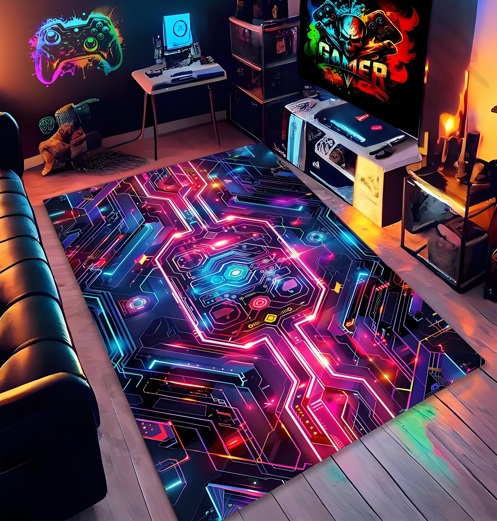 Gamer Rug, Cyberpunk Neon Gaming Room Carpet, Cool Geometric Design ...
