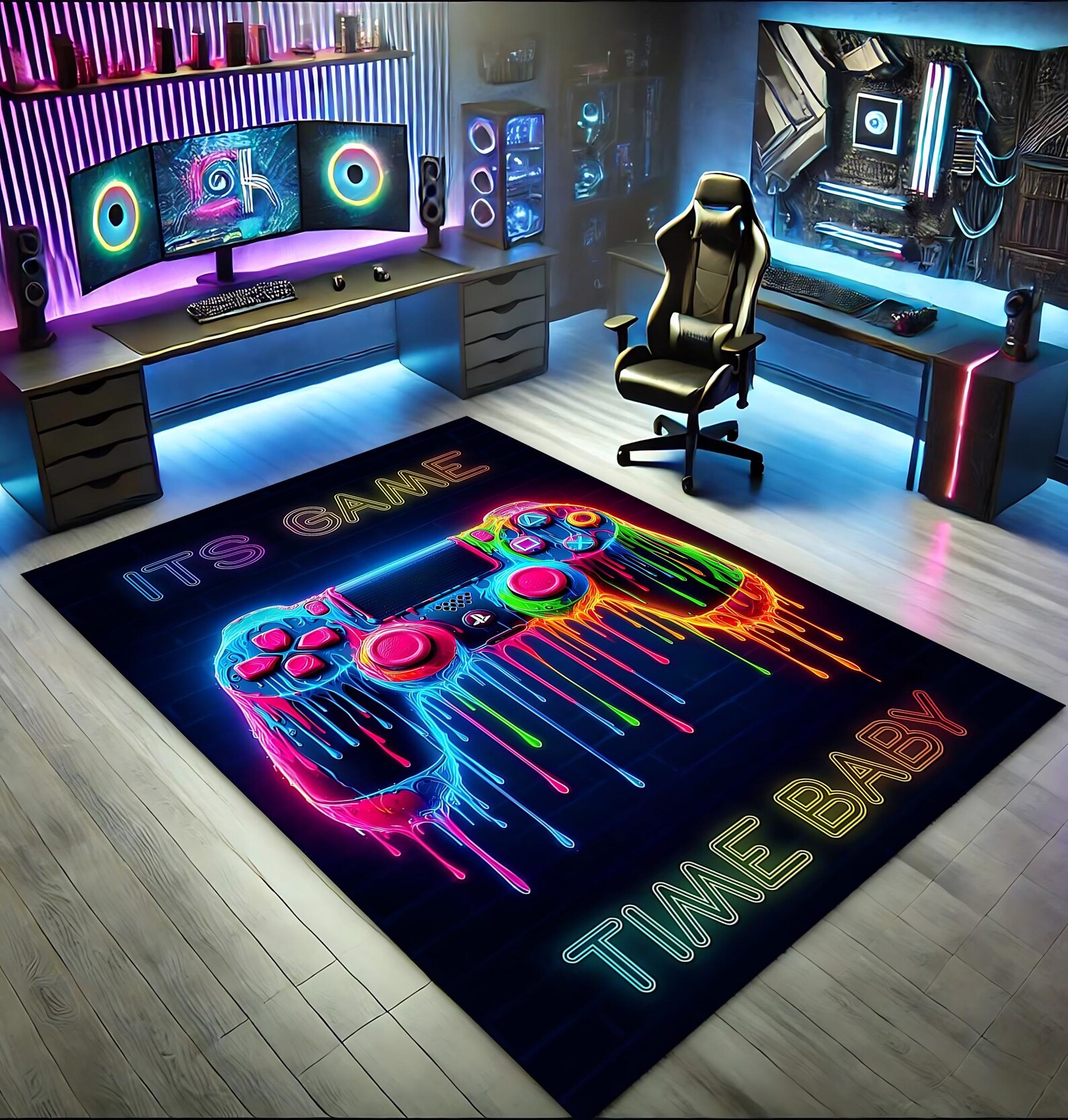 Neon Geometric Gamer Rug, Gaming Room Carpet, Playroom or Esports Setup ...