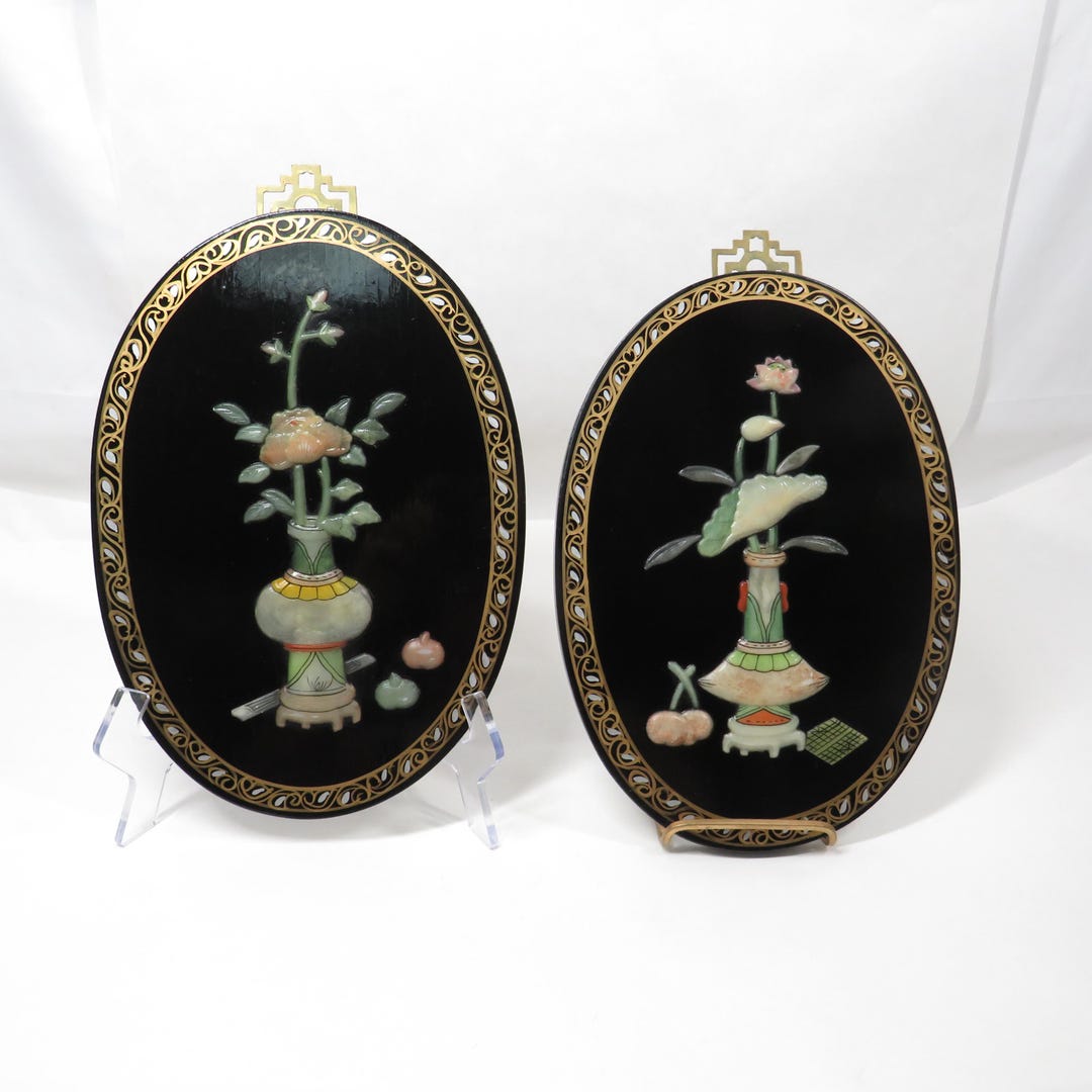 2 Stone Inlay Pictures Oval Japanese Lacquer Vintage Wall Hangings - Etsy