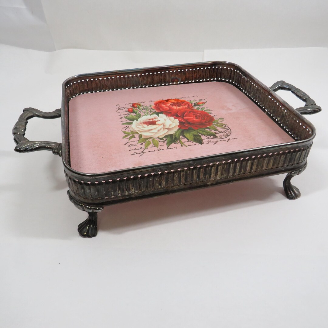 Upcycled Serving Tray Silver Plated Frame Floral Wood Tray Vintage ...