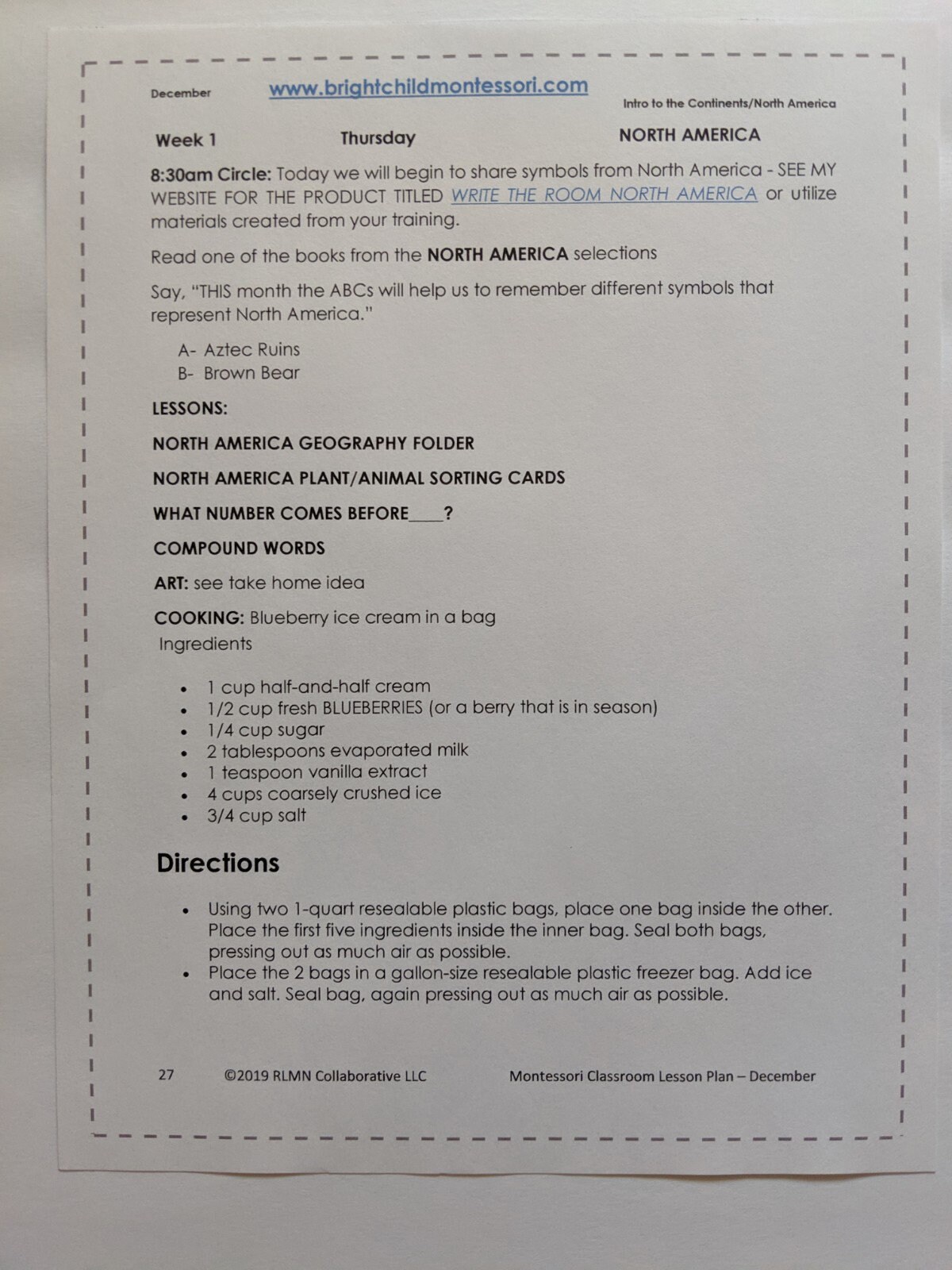 Montessori DAILY CURRICULUM September Monthly Lesson Plan 4 Weeks of ...