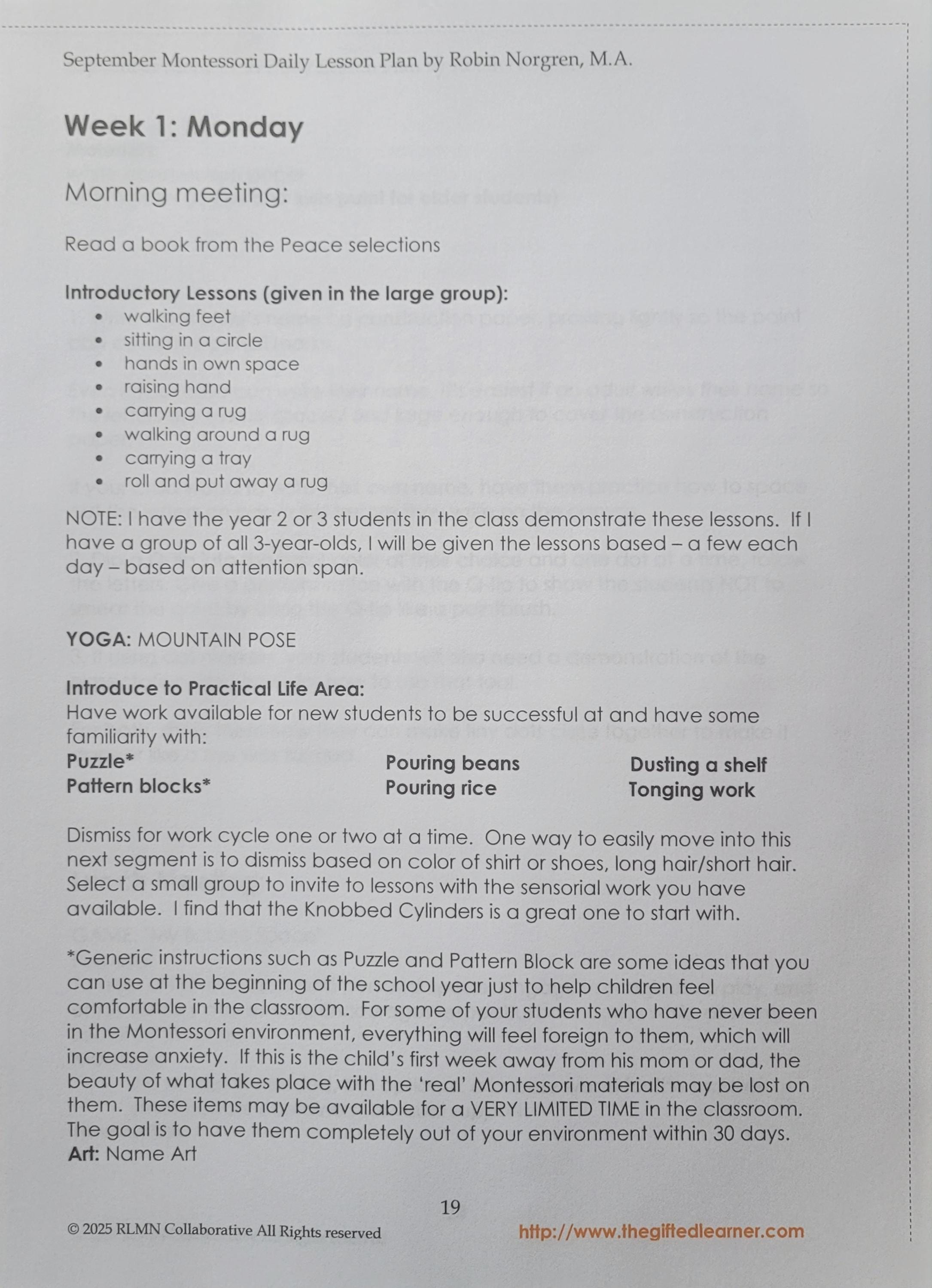 Montessori DAILY CURRICULUM September Monthly Lesson Plan 4 Weeks of ...