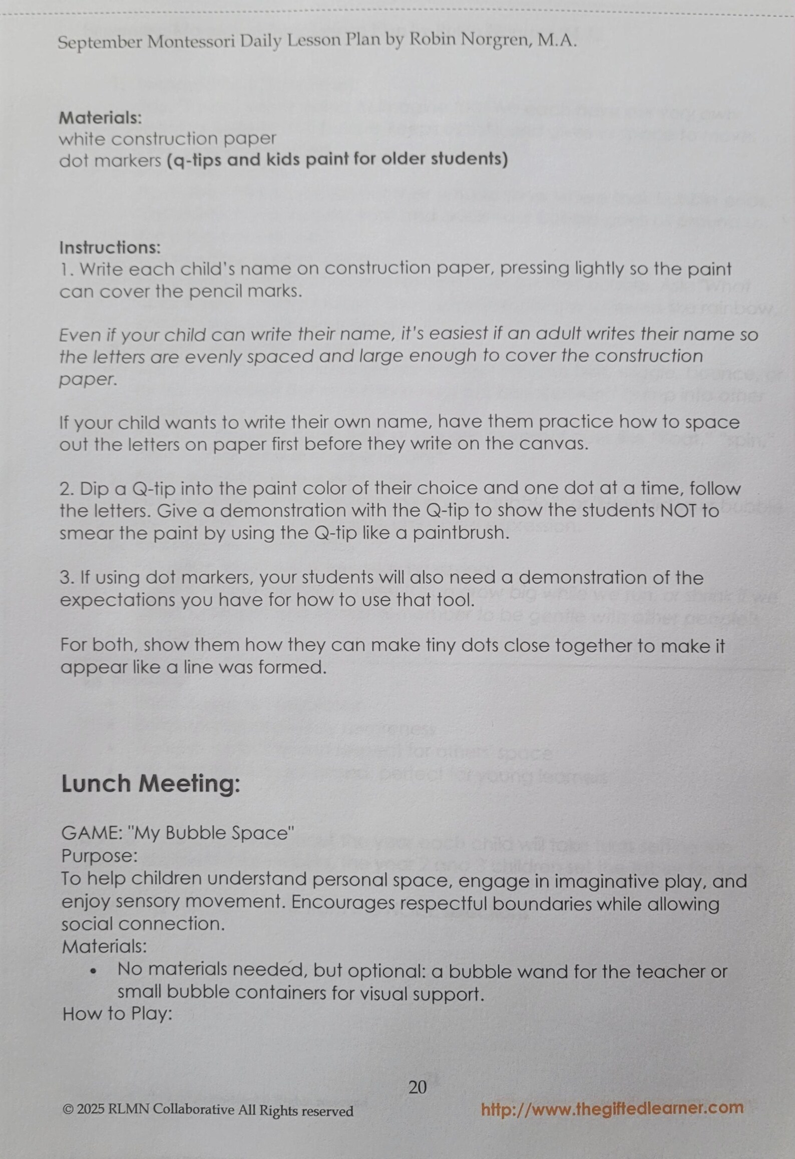 Montessori DAILY CURRICULUM September Monthly Lesson Plan 4 Weeks of ...