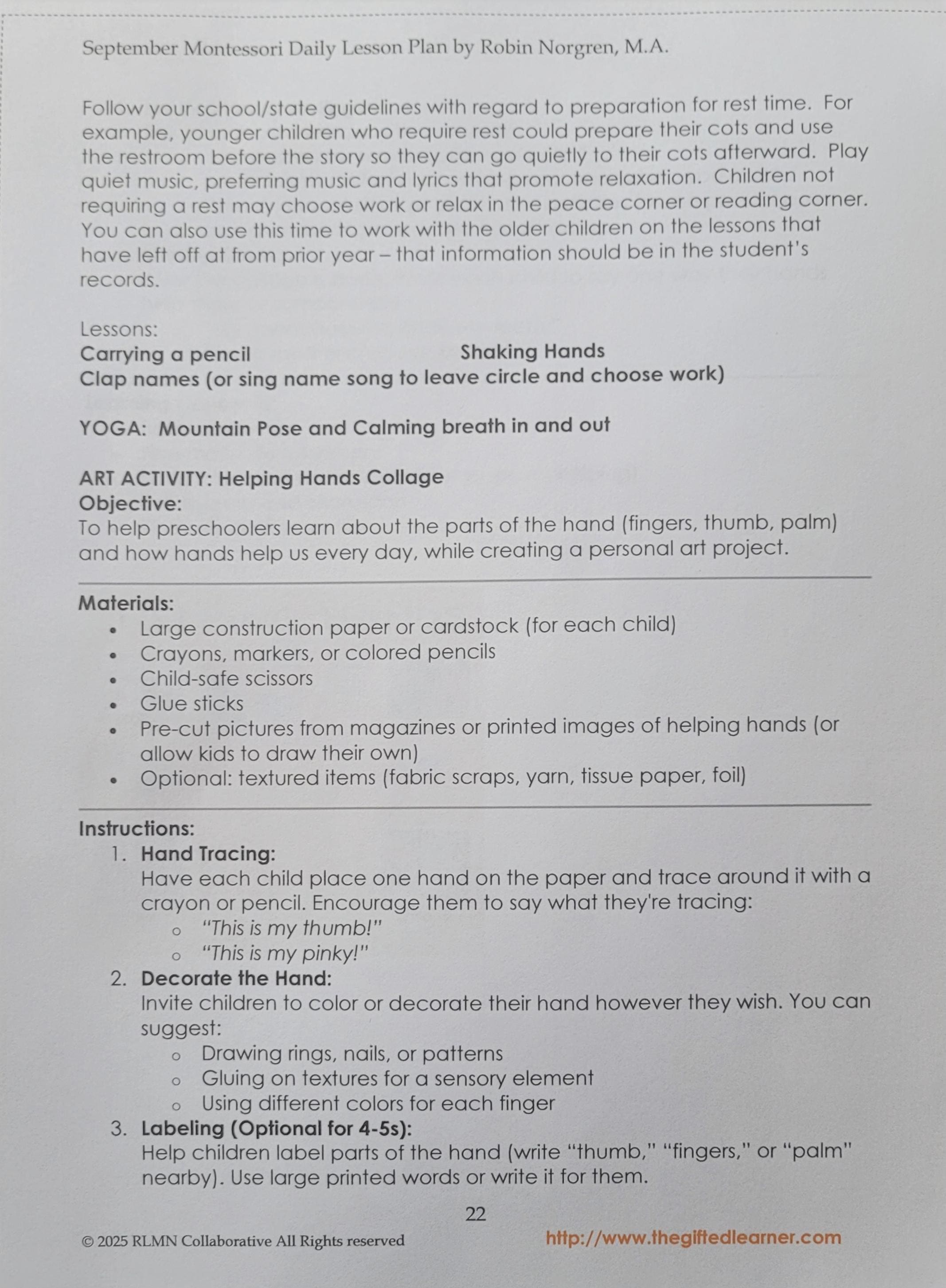 Montessori DAILY CURRICULUM September Monthly Lesson Plan 4 Weeks of ...