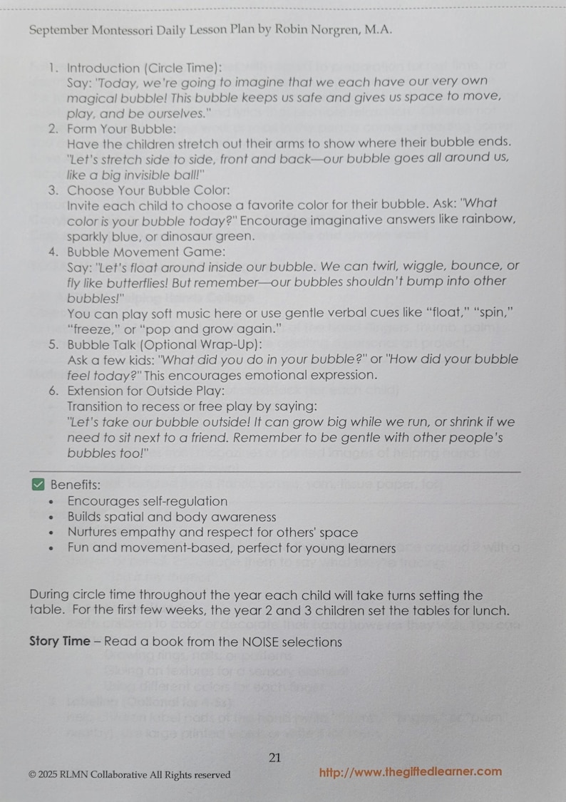 Montessori DAILY CURRICULUM September Monthly Lesson Plan 4 Weeks of ...