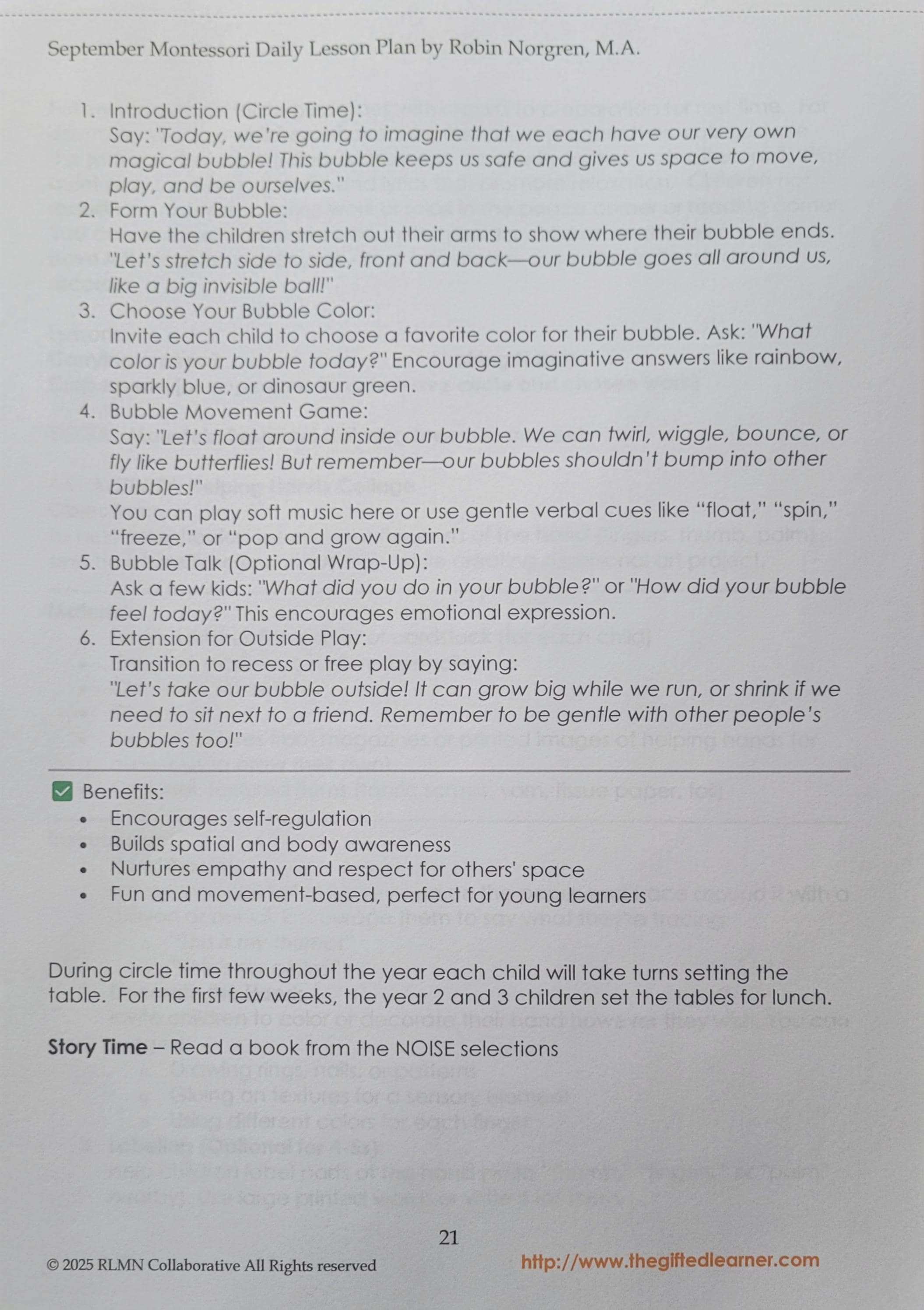 Montessori DAILY CURRICULUM September Monthly Lesson Plan 4 Weeks of ...