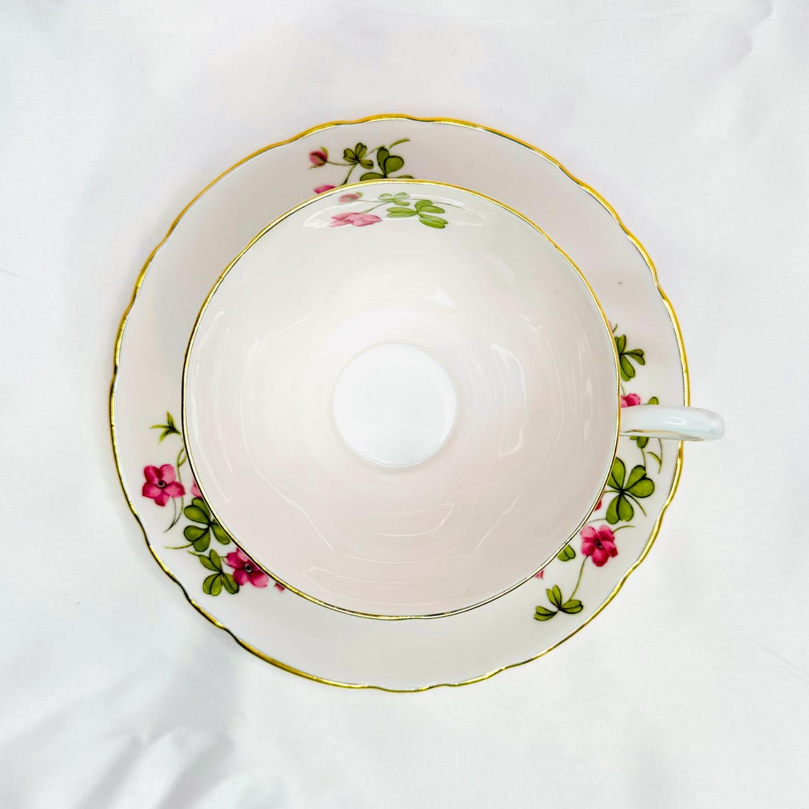 Vintage Tuscan wood Sorrel Bone China Teacup and Saucer Set Pink Floral, Clover Pattern, Gold ...