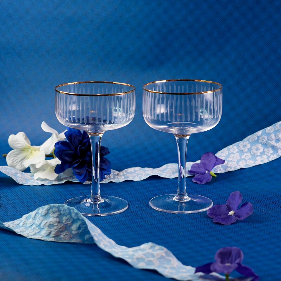 Vintage Champagne Coupe Glasses – Gold Rim Optic Panel Cocktail Glass ...