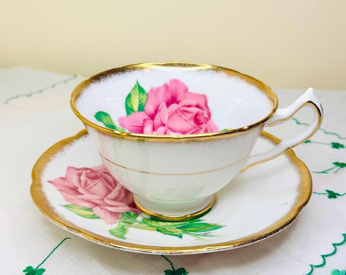 Vintage Collingwoods Tudor Rose Bone China Teacup & Saucer Set - Large Pink Roses, Gold Trim ...