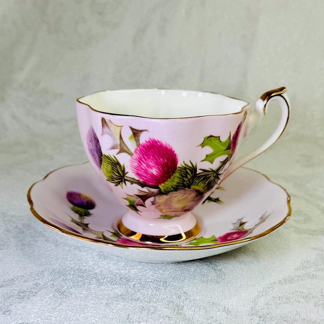 Vintage Queen Anne ‘dundee Thistle’ Tea Cup Saucer Set – Pink & Purple ...