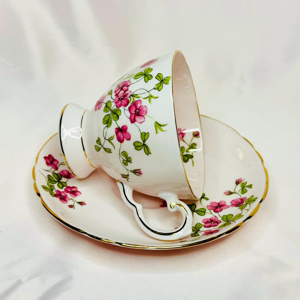 Vintage Tuscan wood Sorrel Bone China Teacup and Saucer Set Pink Floral ...