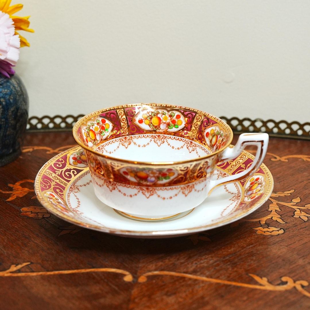 Rare Foley Bone China Teacup Saucer Arcadia Pattern, Hand-painted Red ...