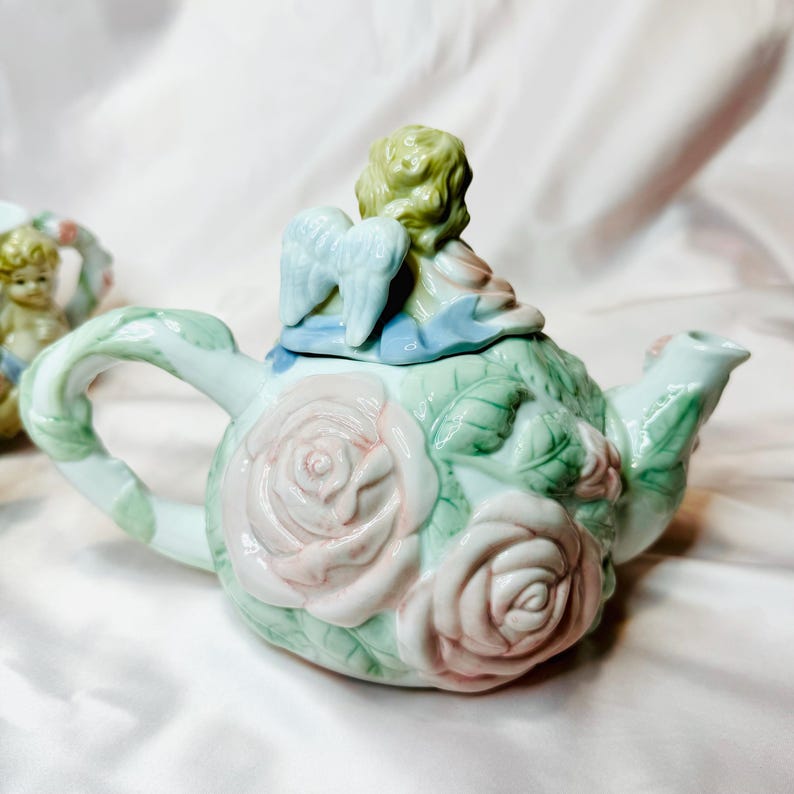 Vintage Avon Ceramic Teapot and 2 Cups Cherub Rose Floral, 1990s, Like ...