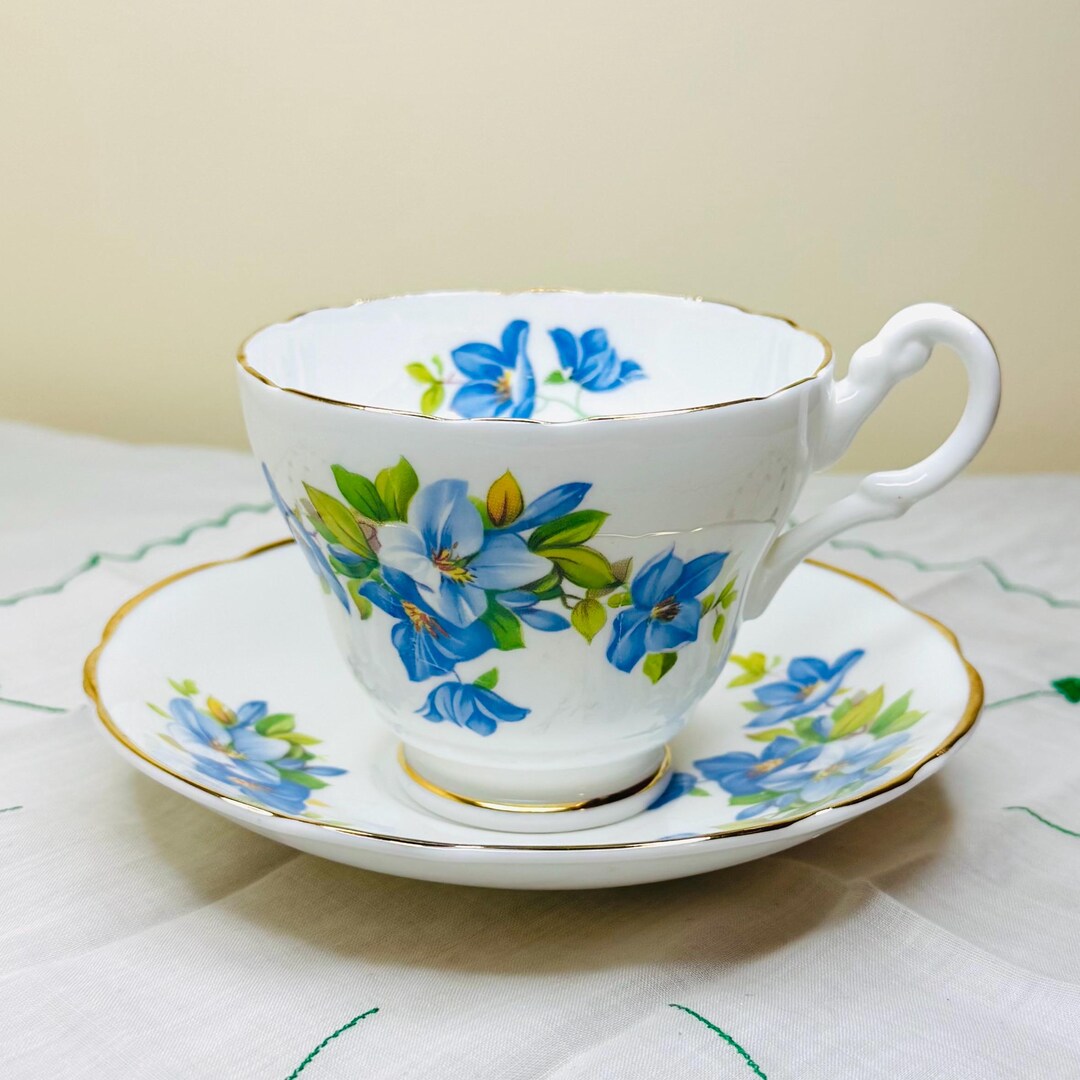 Vintage Regency Bone China Tea Cup and Saucer - Blue Floral Design With ...