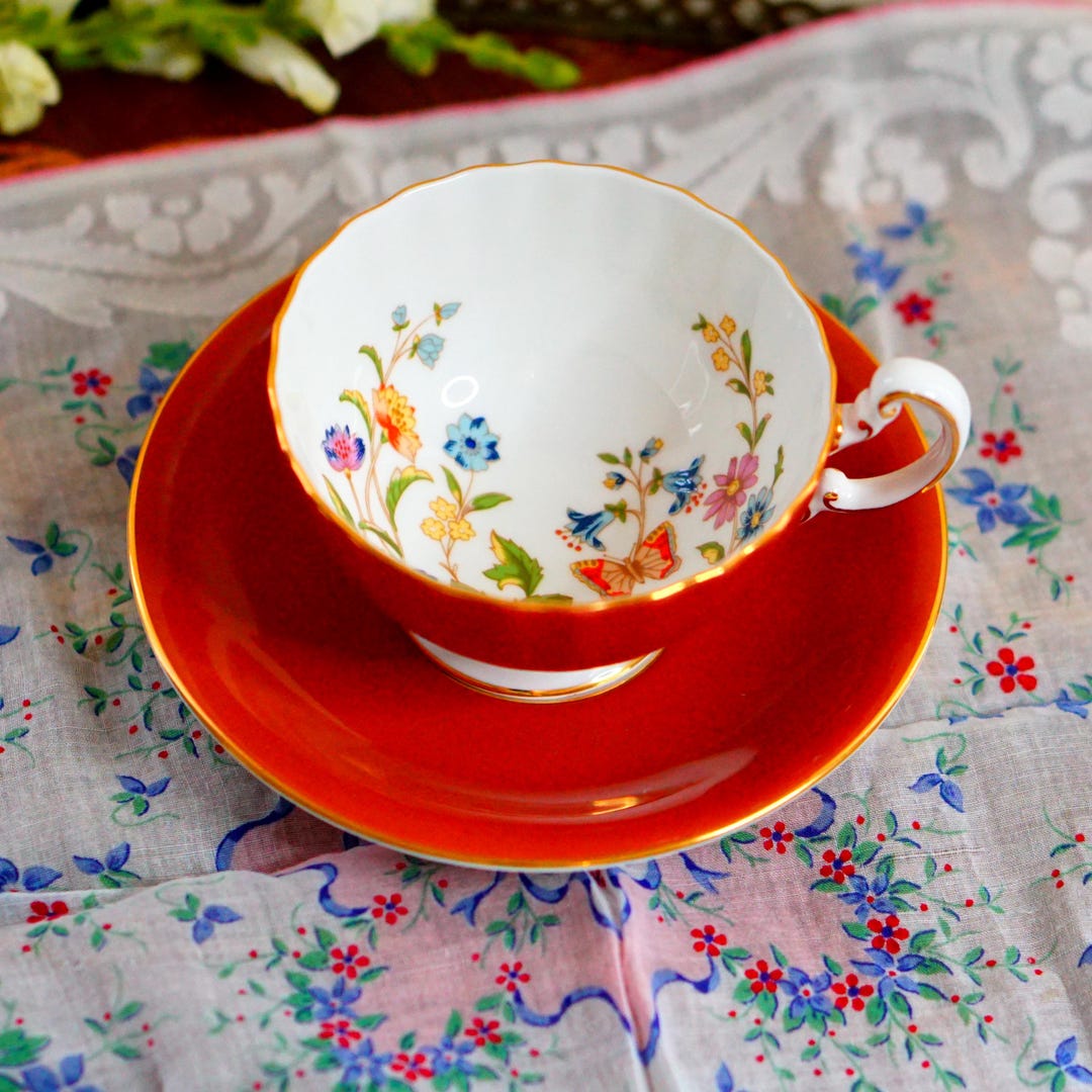 Vintage Aynsley Red Coral Tea Cup and Saucer – Butterfly and Wildflower ...