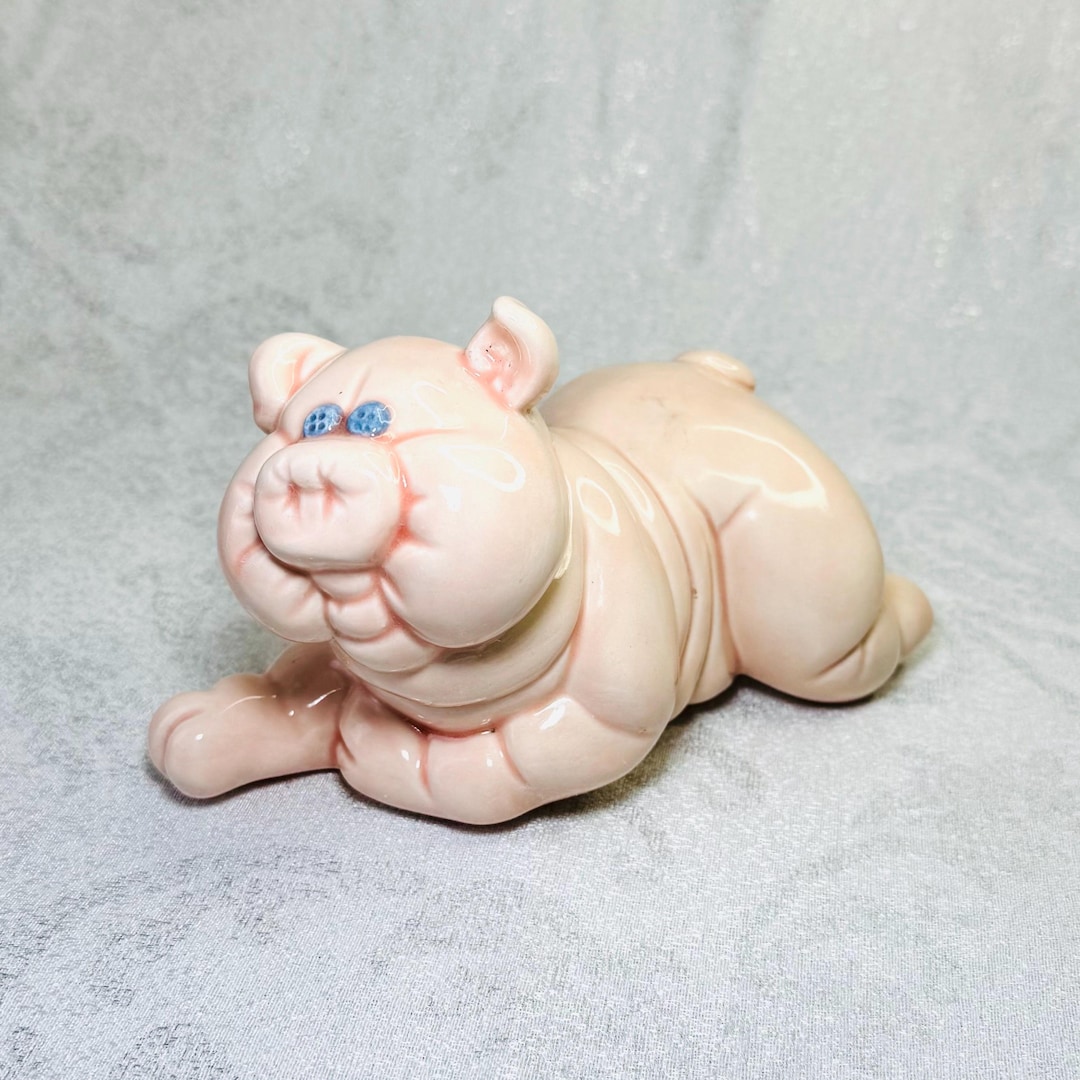 Vintage 1984 Handmade Ceramic Pig Figurine – Chubby Pink Pig With Blue ...