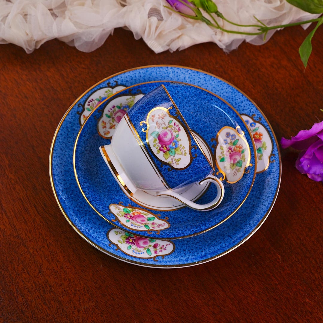 Vintage Radfords Bone China Teacup Trio – Cobalt Blue Speckled Ground ...