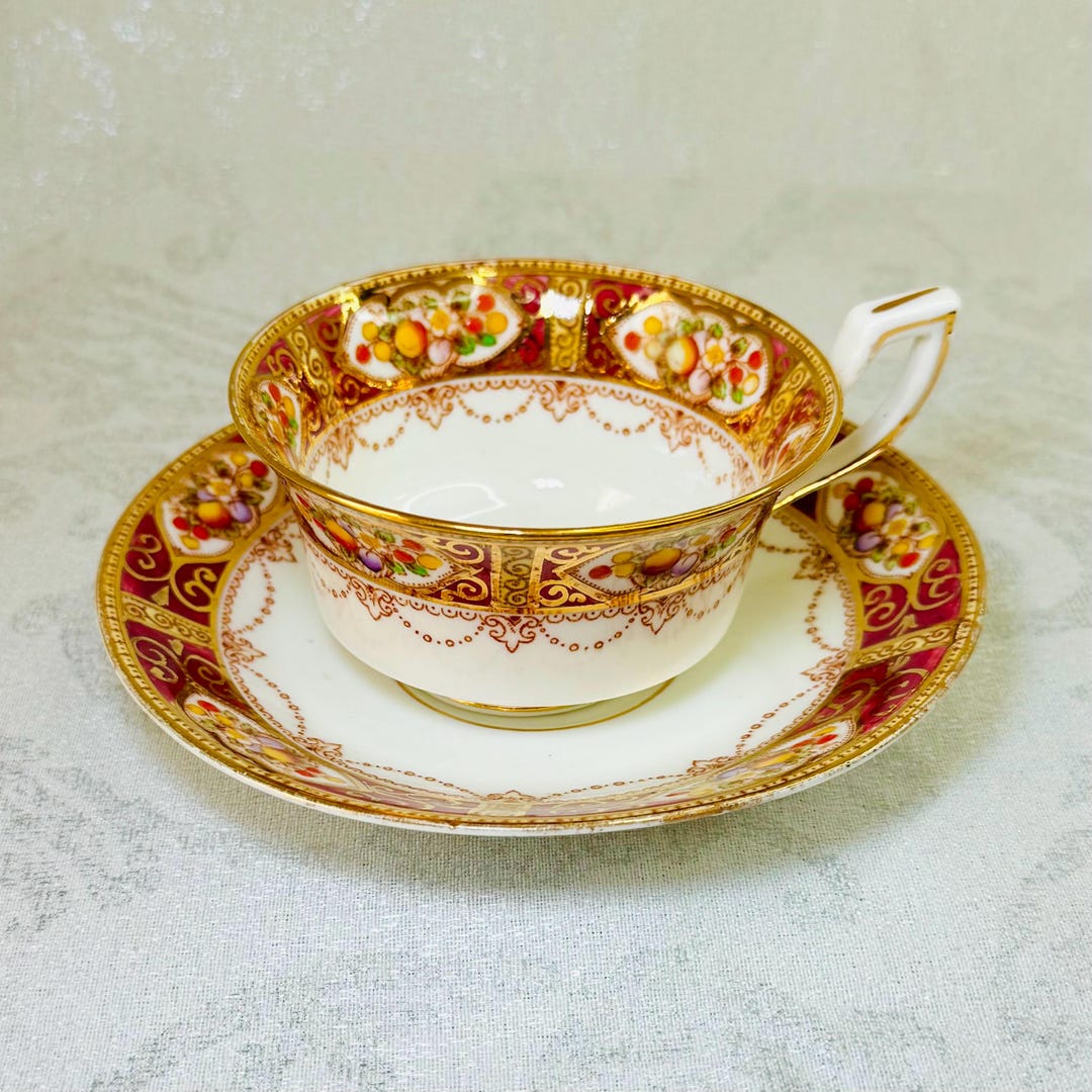 Rare Foley Bone China Teacup Saucer Arcadia Pattern, Hand-painted Red ...