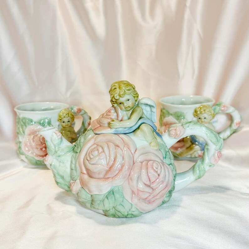 Vintage Avon Ceramic Teapot and 2 Cups Cherub Rose Floral, 1990s, Like ...
