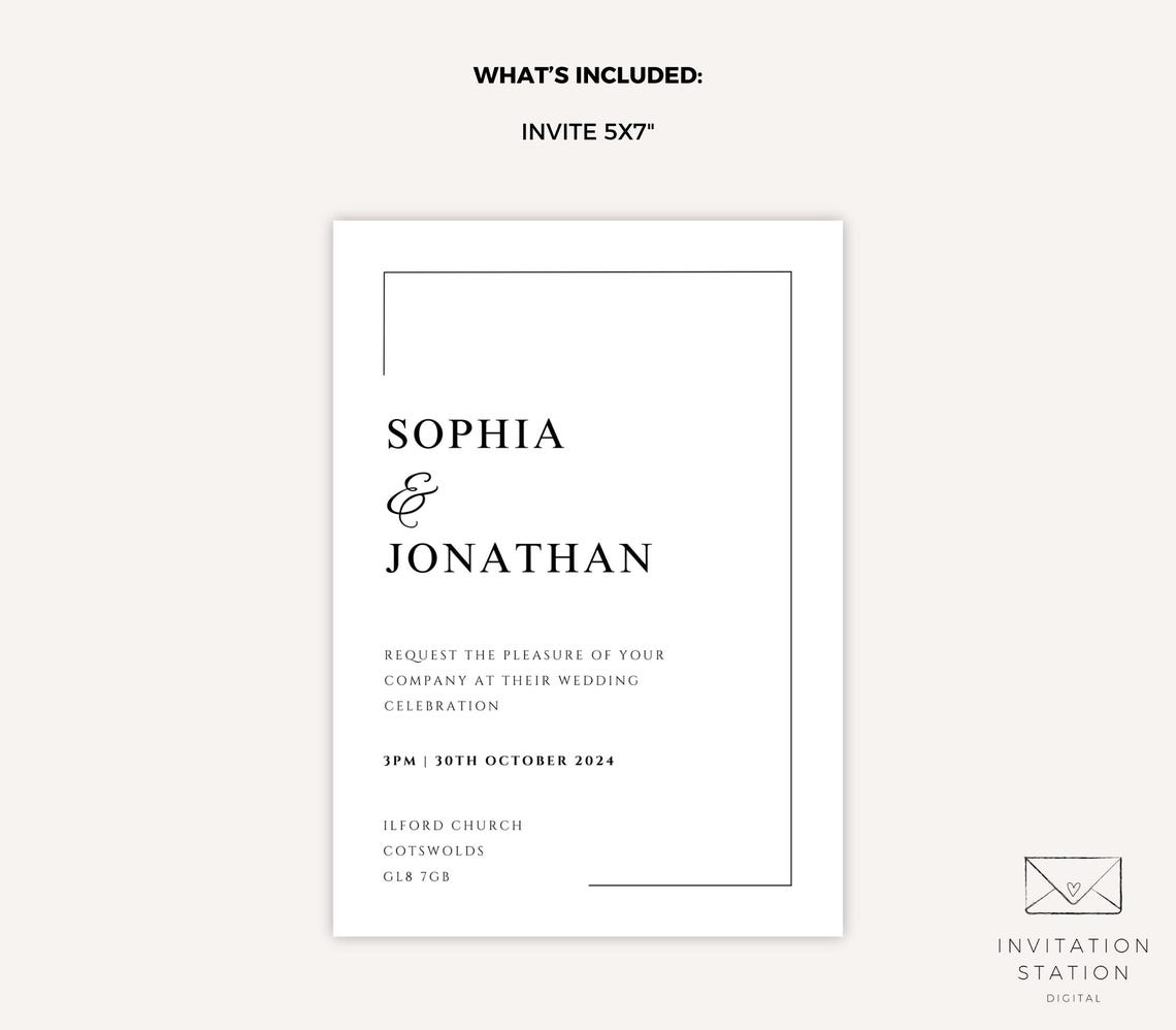 Minimalist Wedding Invitation Template: Editable Monochrome Invite Set ...