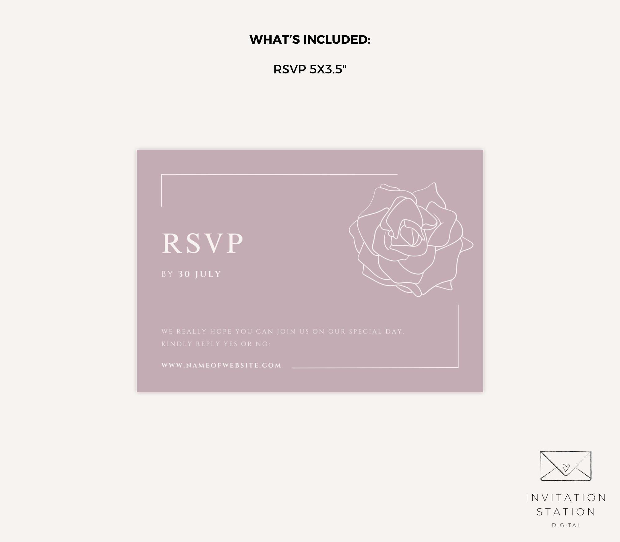 Dusky Rose Minimalist Floral Line Art Wedding Invitation Template ...