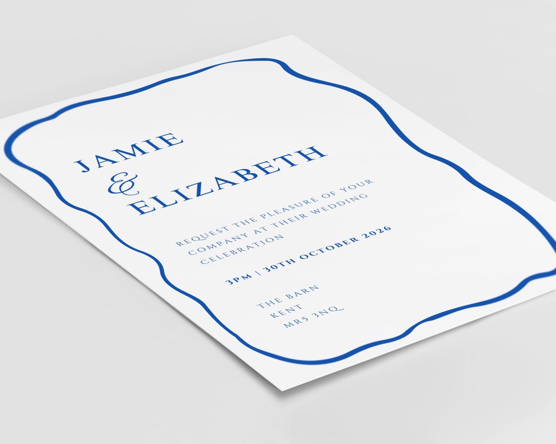 Blue Wavy Wedding Invitation Template: Greek Island Canva Invite ...