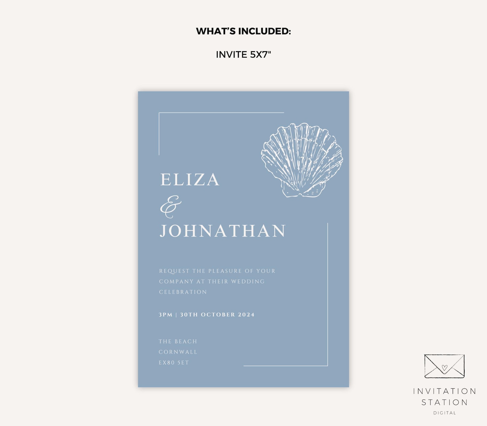 Coastal Wedding Invitation: Blue Shell Art, Editable Canva Template ...