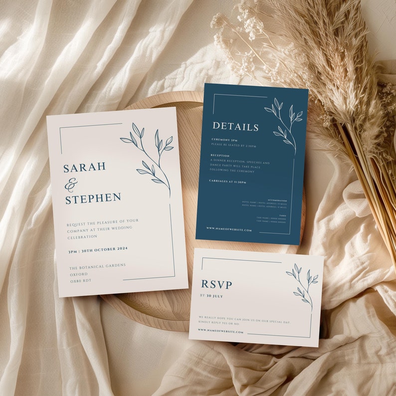 Blue Botanical Wedding Invitation Template: Editable Leaf Design ...