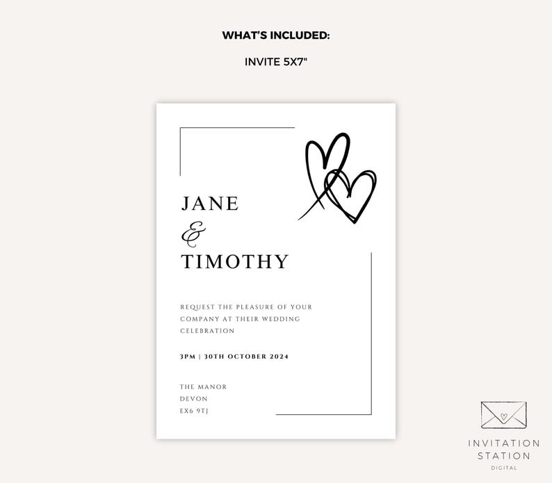 Minimalist B&W Wedding Invitation Template - Editable Canva Invitation ...