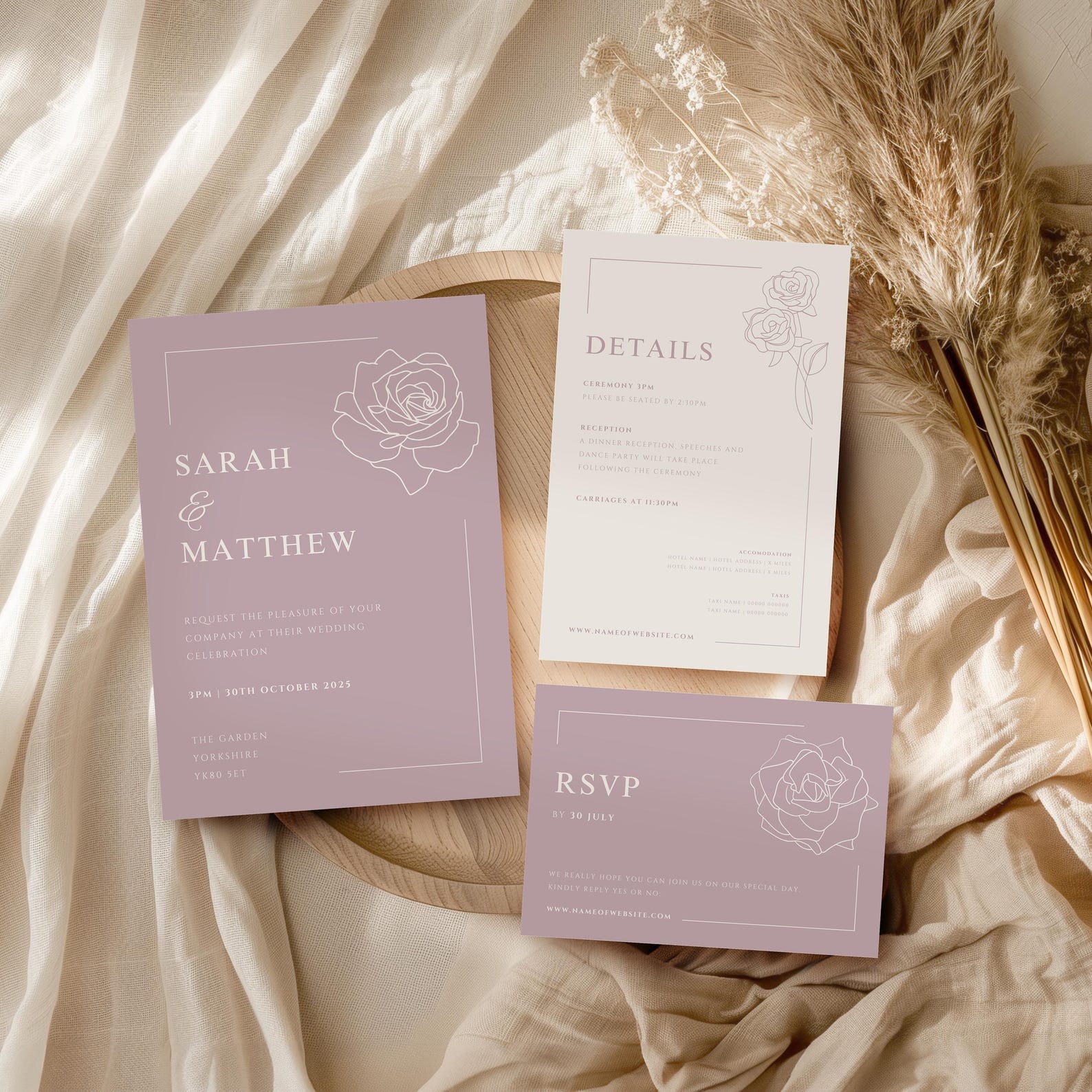Dusky Rose Minimalist Floral Line Art Wedding Invitation Template ...