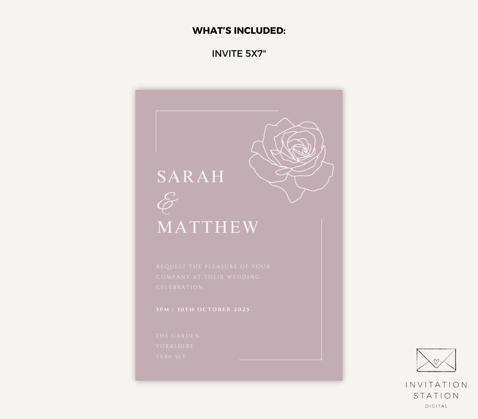 Dusky Rose Minimalist Floral Line Art Wedding Invitation Template ...