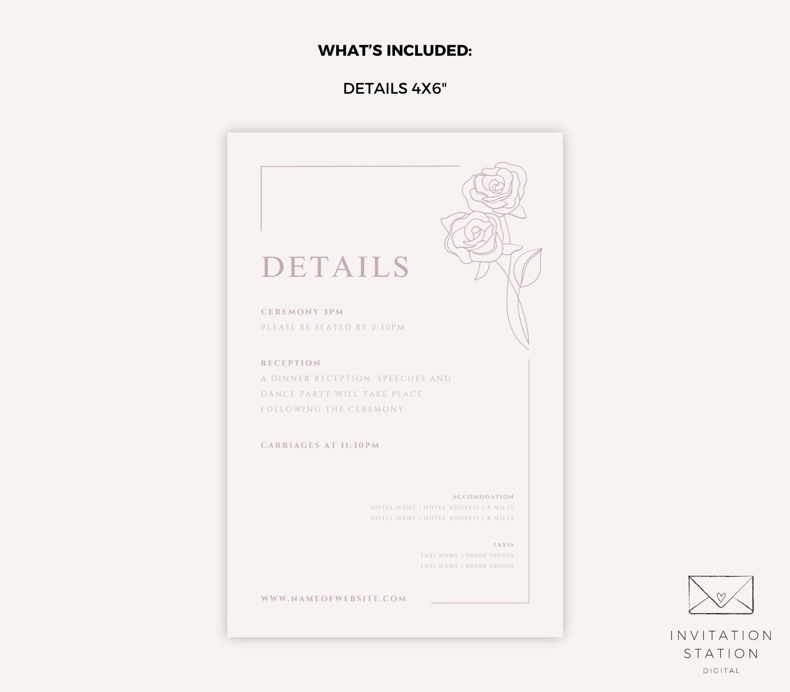 Dusky Rose Minimalist Floral Line Art Wedding Invitation Template ...