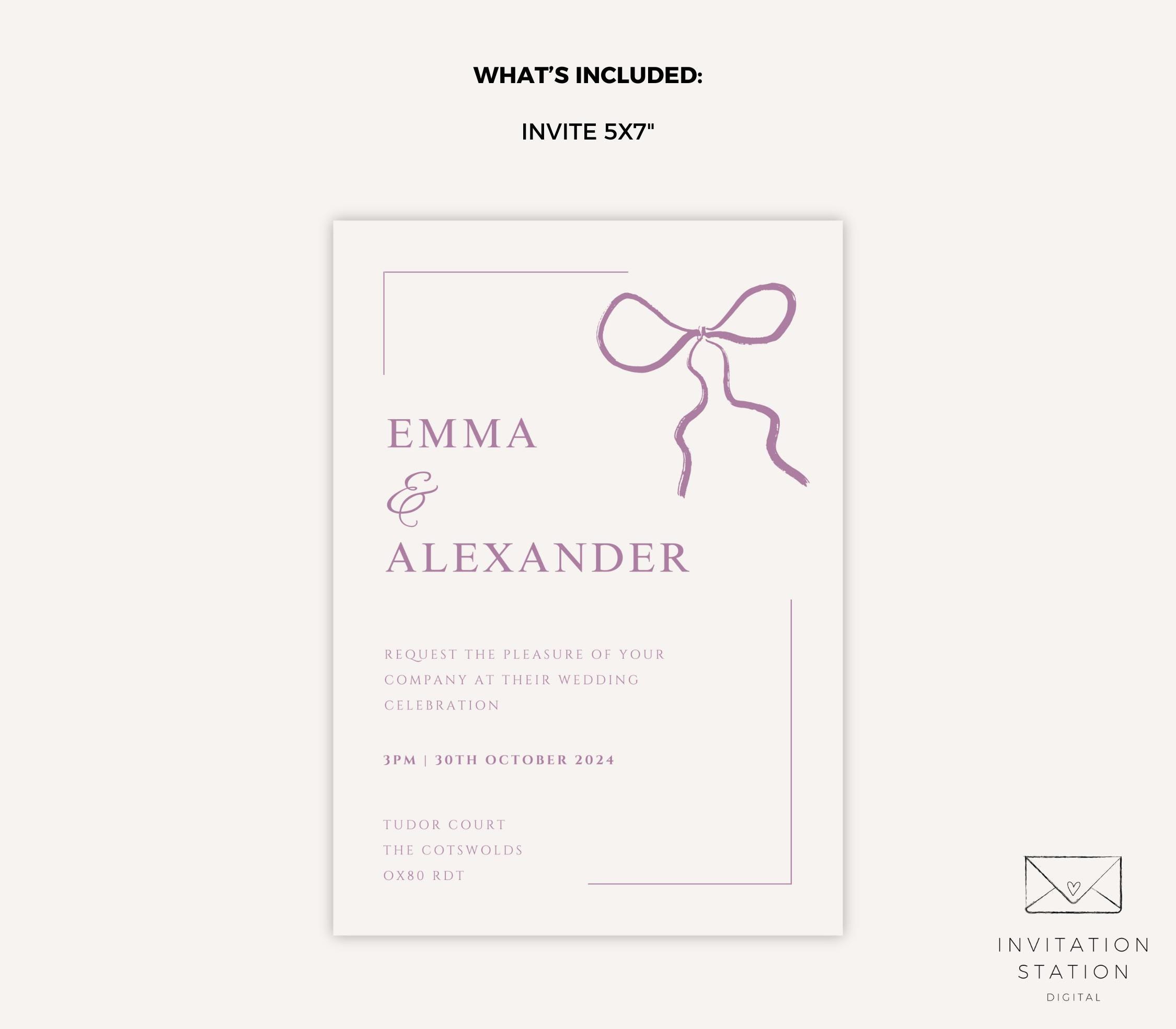 Pink Bow Wedding Invitation Template - Editable Canva Invitation ...
