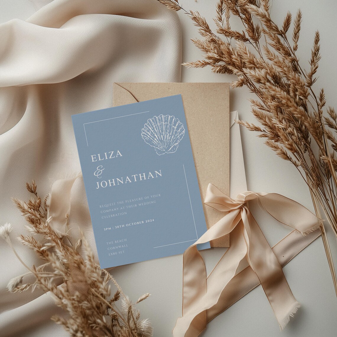Coastal Wedding Invitation: Blue Shell Art, Editable Canva Template ...