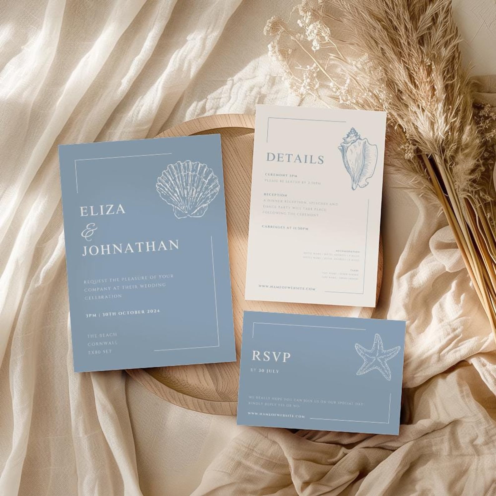 Coastal Wedding Invitation: Blue Shell Art, Editable Canva Template ...