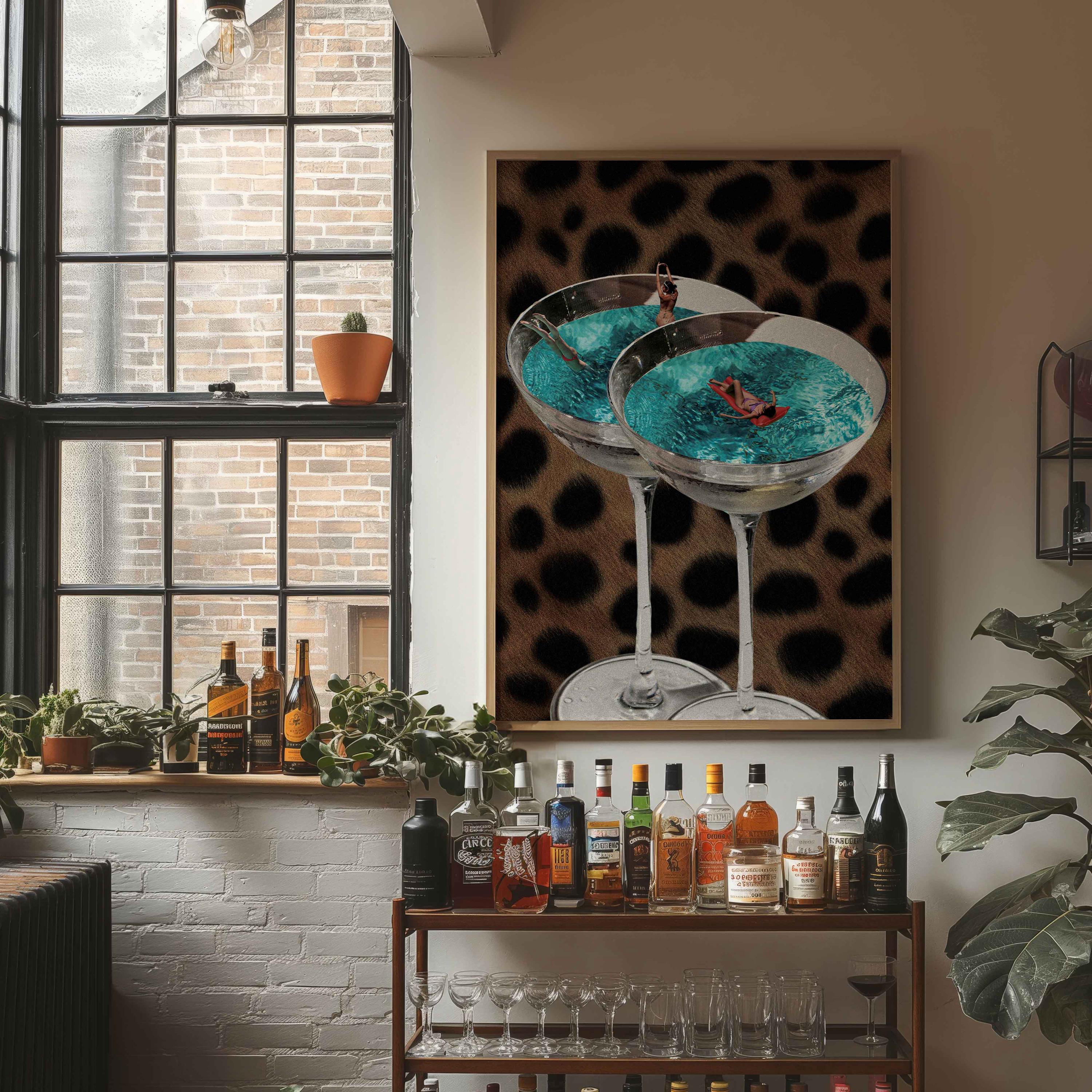 Swimming in Martini Glass Retro Surrealism Bar Cart Print, Maximalist ...