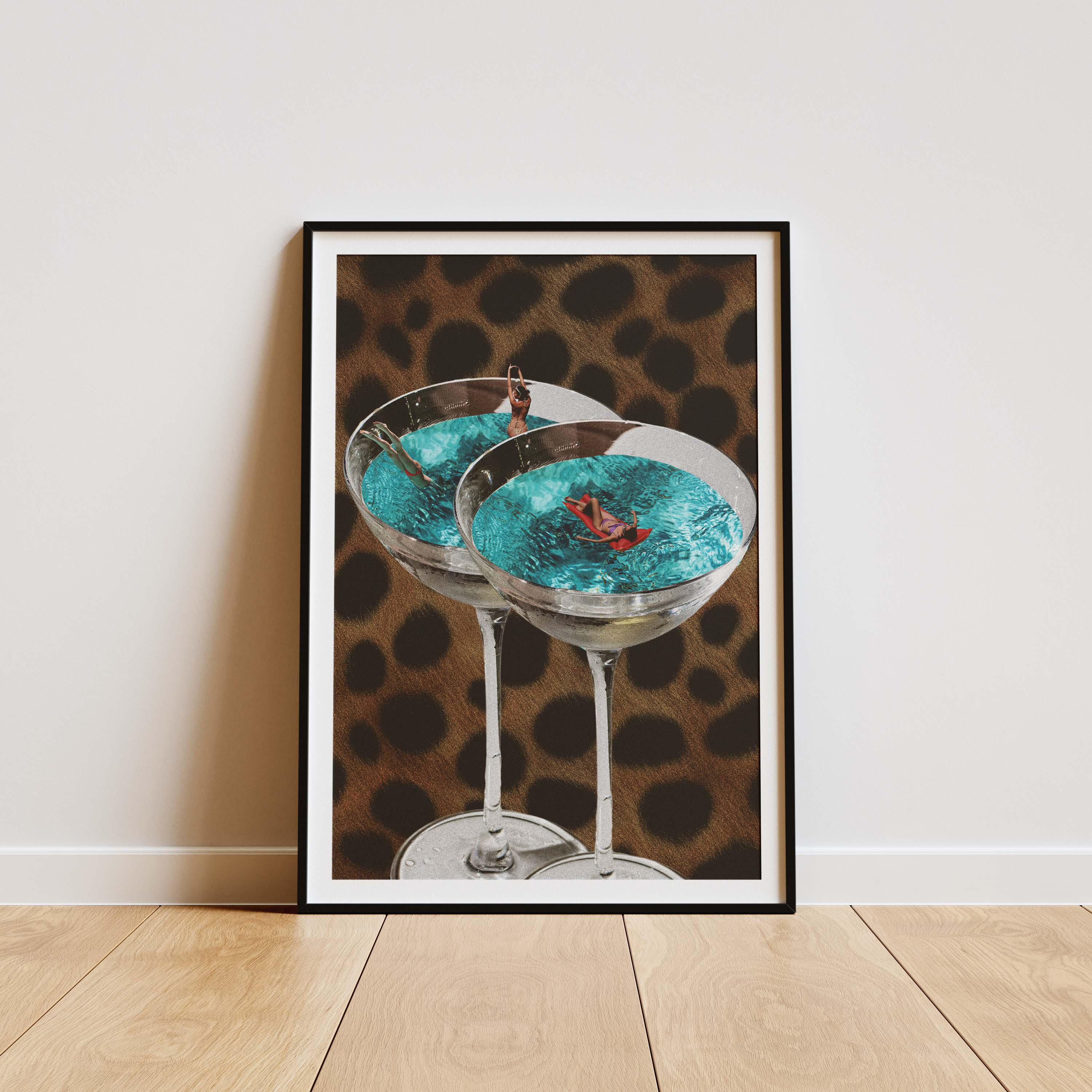 Swimming in Martini Glass Retro Surrealism Bar Cart Print, Maximalist ...