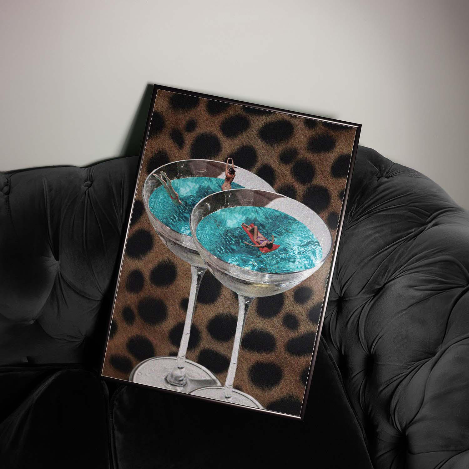 Swimming in Martini Glass Retro Surrealism Bar Cart Print, Maximalist ...
