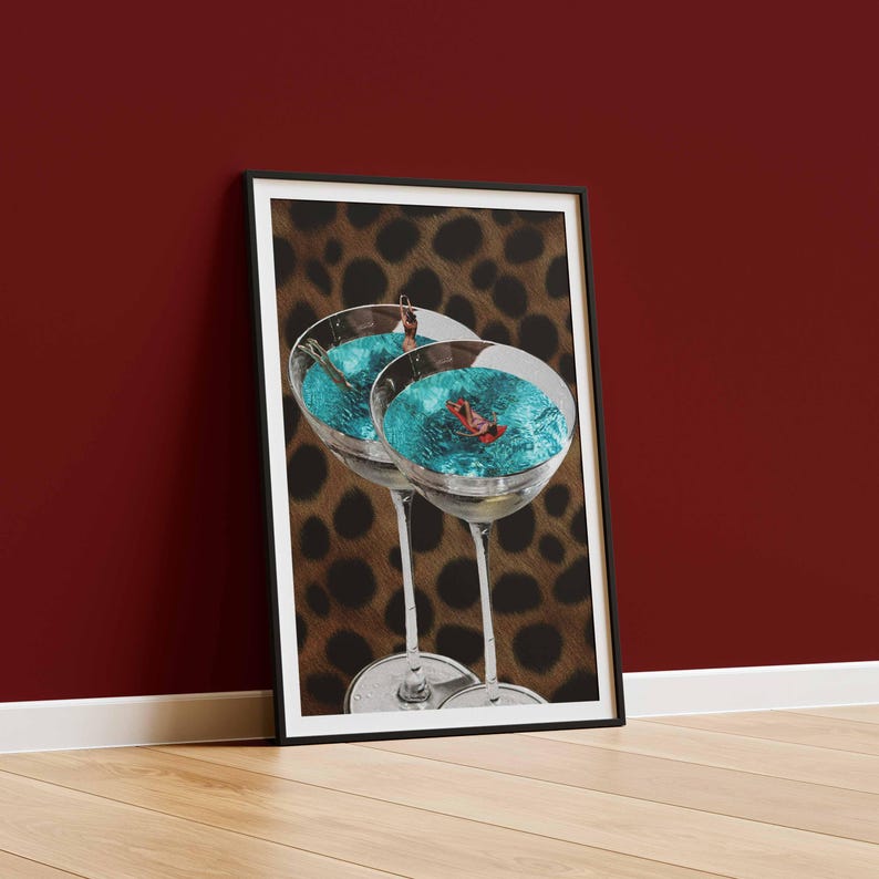 Swimming in Martini Glass Retro Surrealism Bar Cart Print, Maximalist ...