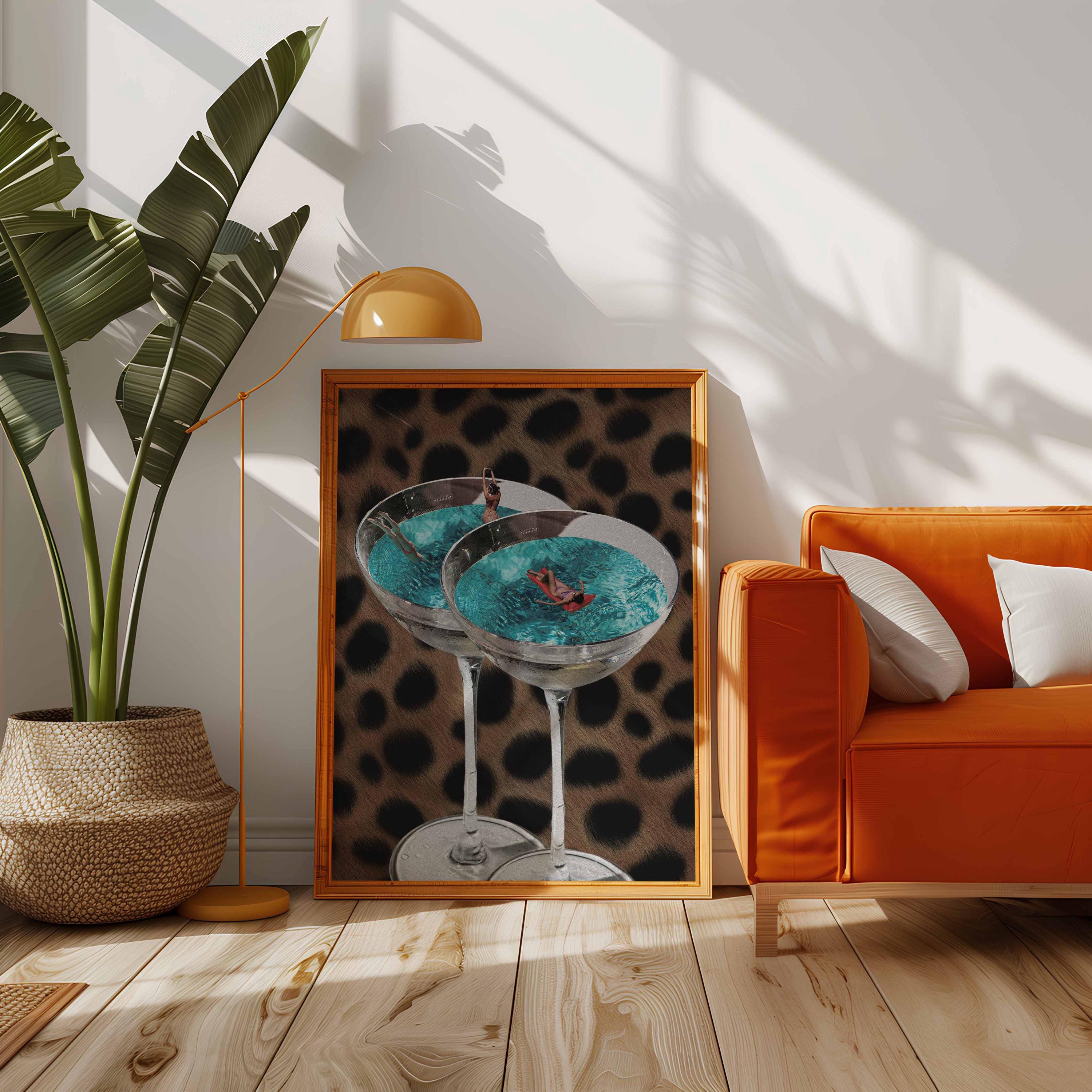 Swimming in Martini Glass Retro Surrealism Bar Cart Print, Maximalist ...