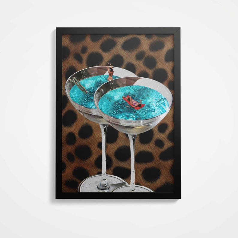 Swimming in Martini Glass Retro Surrealism Bar Cart Print, Maximalist ...