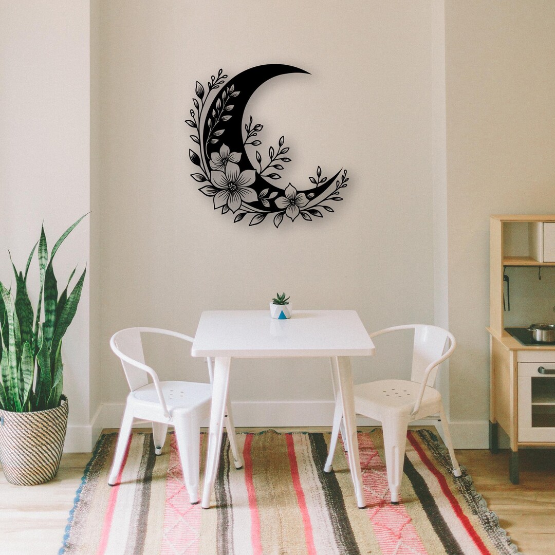 Metal Crescent Moon Art, Floral Moon Wall Decor Black, Celestial Boho ...