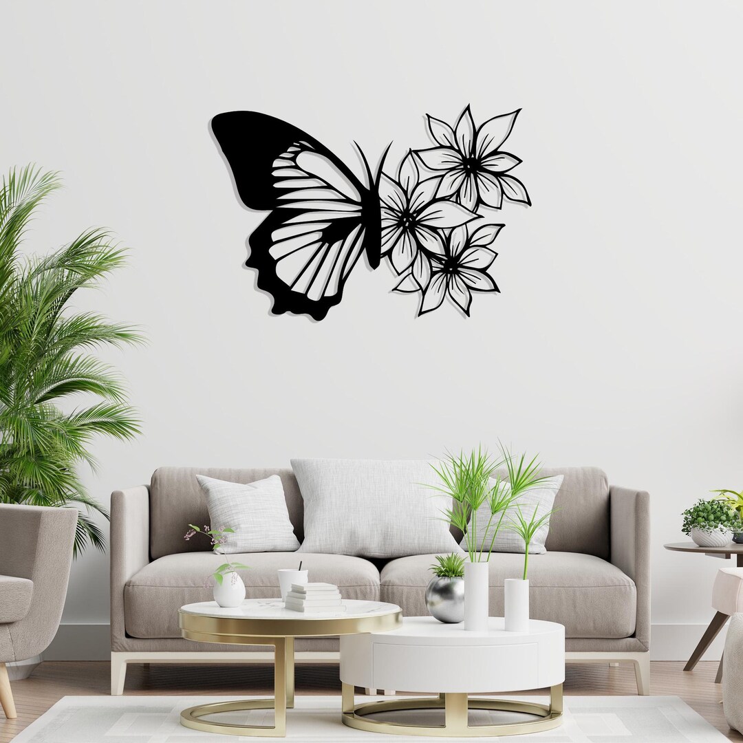 Butterfly and Flower Metal Wall Art: Black Textured Steel Decor - Etsy