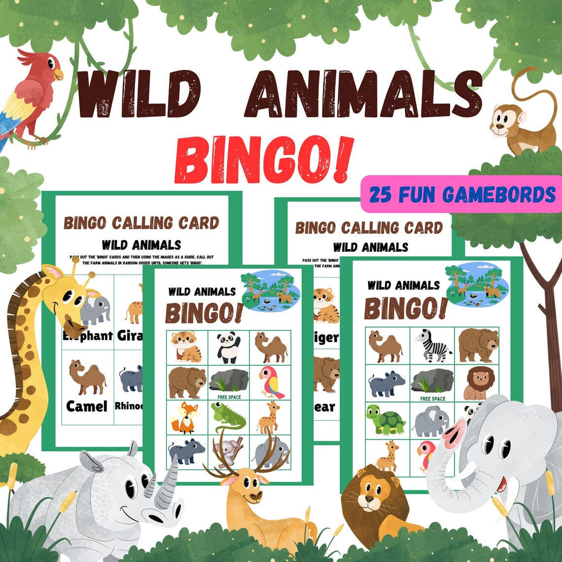 Wild Animal Bingo, 25 Printable Animal Bingo Cards,animal Birthday ...