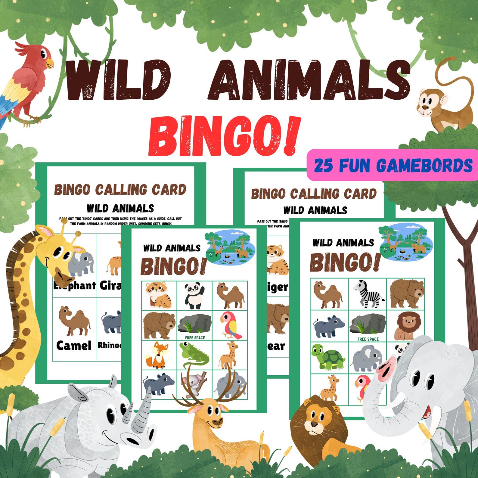 Wild Animal Bingo, 25 Printable Animal Bingo Cards,animal Birthday ...