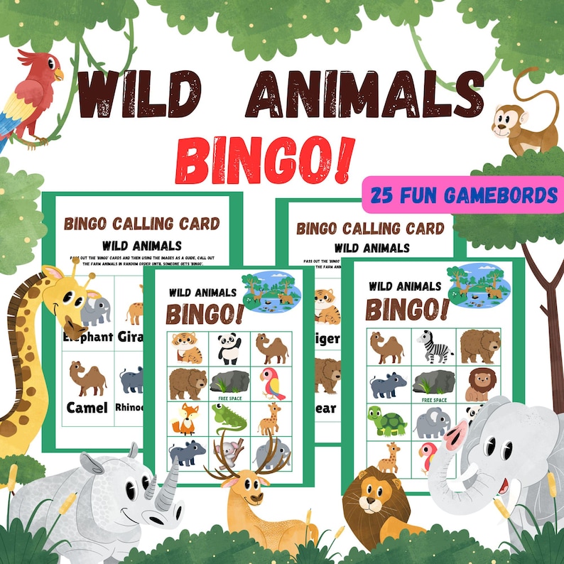 Wild Animal Bingo, 25 Printable Animal Bingo Cards,animal Birthday ...